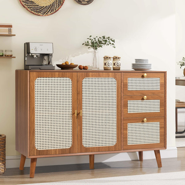 Latitude Run® 47"W Rattan Cabinet, Sideboard Buffet Cabinet with 2 Doors and 3 Drawers ...